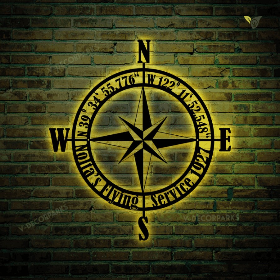 Personalized Compass Metal Sign With Led Lights, Custom Coordinates ...