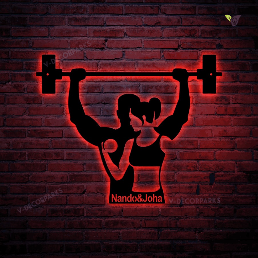 Couple Gym Workout Metal Wall Art With Led Light, Metal Wall Art For ...