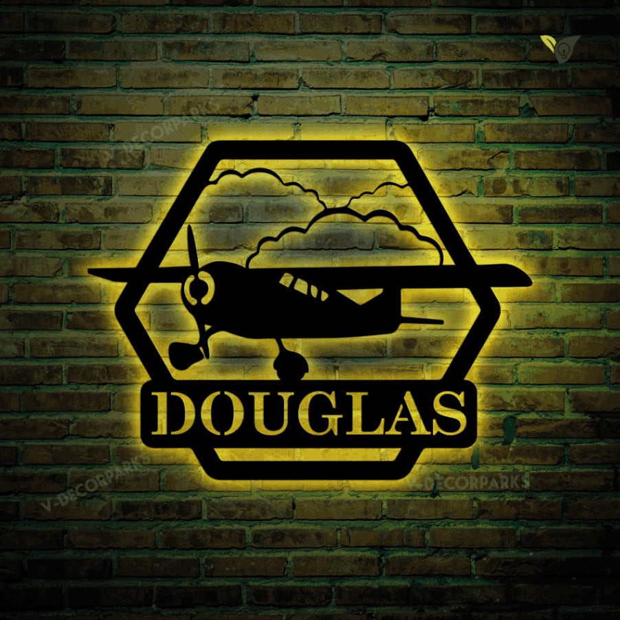 Airplane Monogram Side View Metal Sign With Led Lights, Pilot Gifts ...