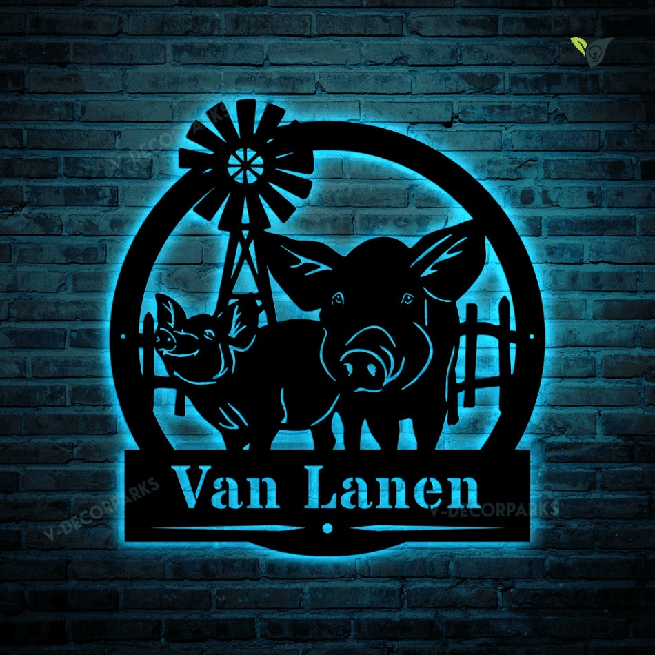 Personalized Pig Monogram Metal Pig Farm Sign With Led Lights | Nalaprint