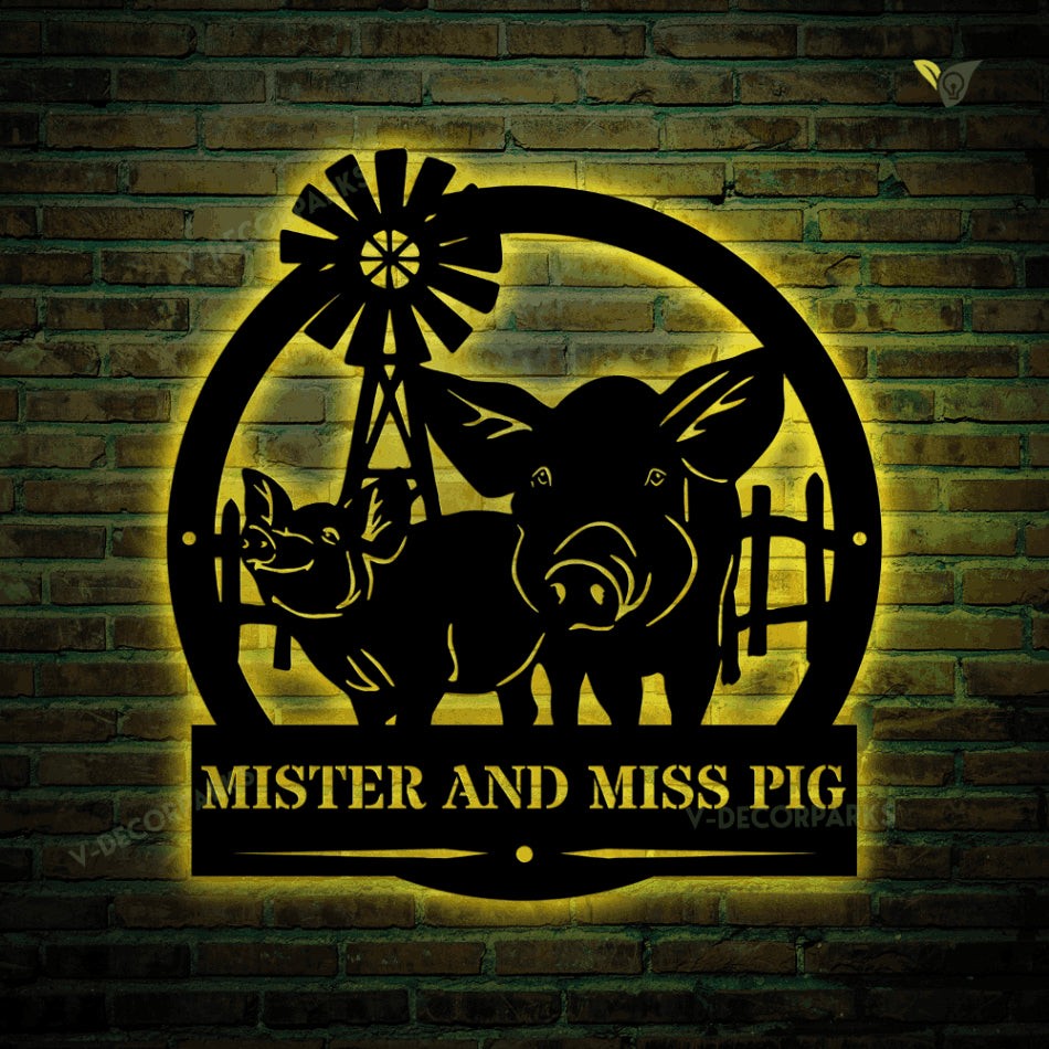 Personalized Pig Monogram Metal Pig Farm Sign With Led Lights | Nalaprint