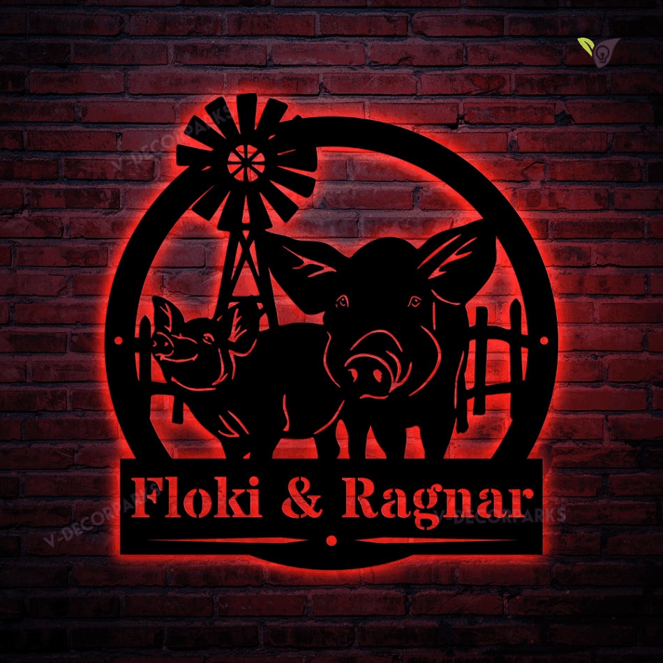 Personalized Pig Monogram Metal Pig Farm Sign With Led Lights | Nalaprint