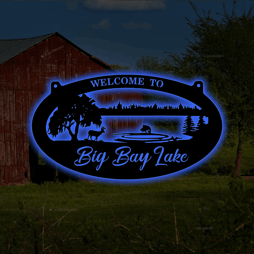 Metal Sign Lake Jumping Fish Sign With Led Lights, Deer Lake Sign ...