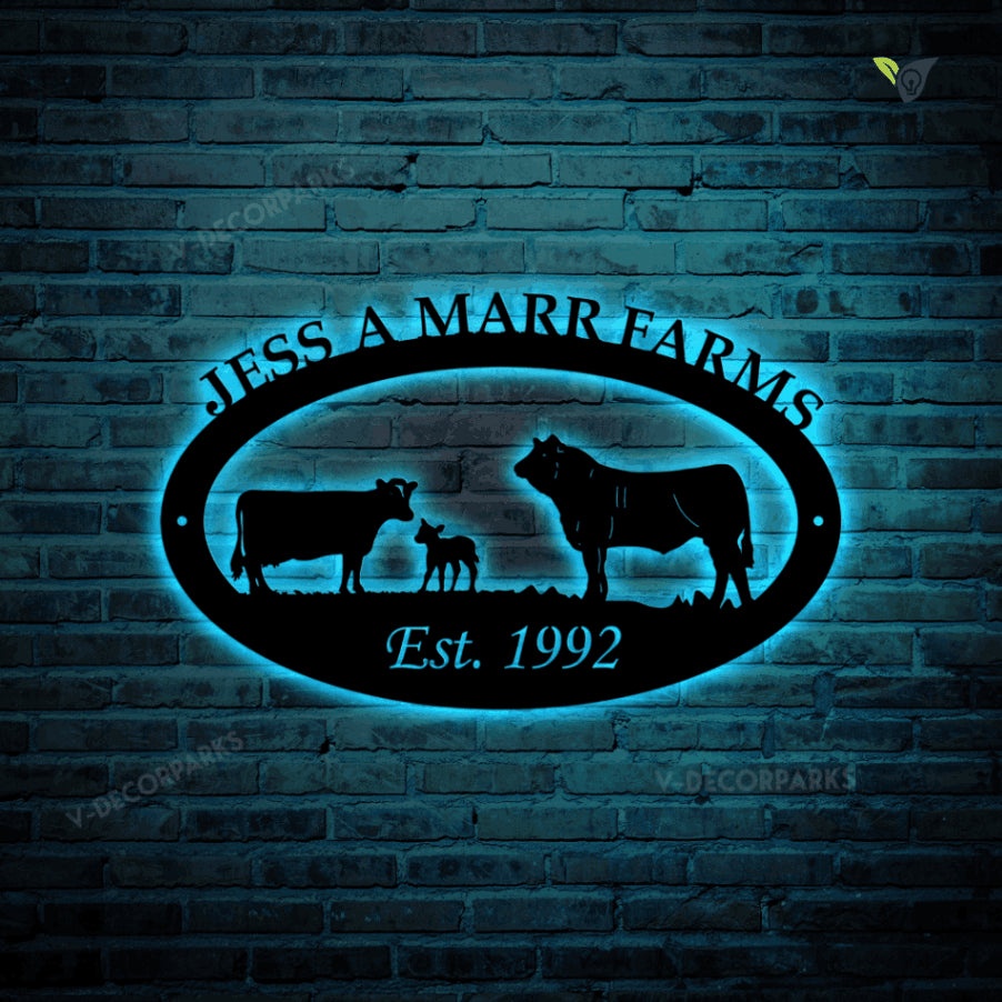 Custom Name Est Farm Sign, Cow Calf Bull Metal Sign With Led Lights ...