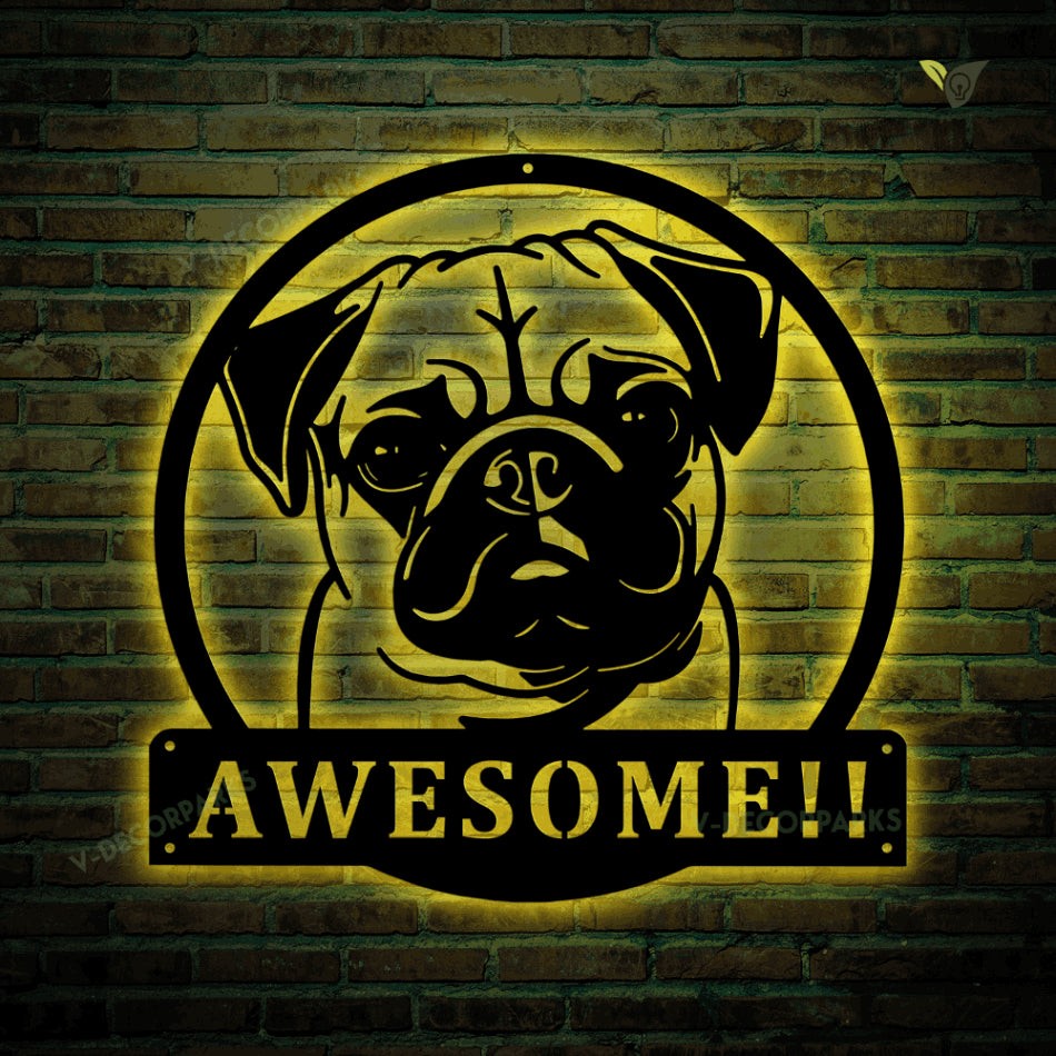 Personalized Pug Monogram Metal Wall Decor, Cut Metal Sign With Led ...