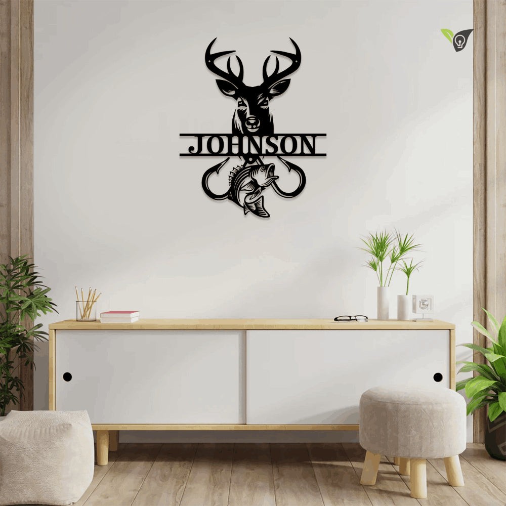Deer Fish Hook Personalized Monogram Metal Wall Decor, Cut Metal Sign ...