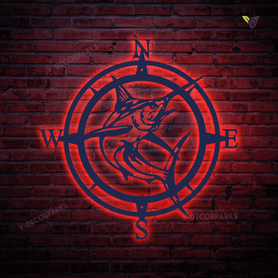 Marlin Nautical Compass Cut Metal Sign With Led Lights, Metal Wall Art ...