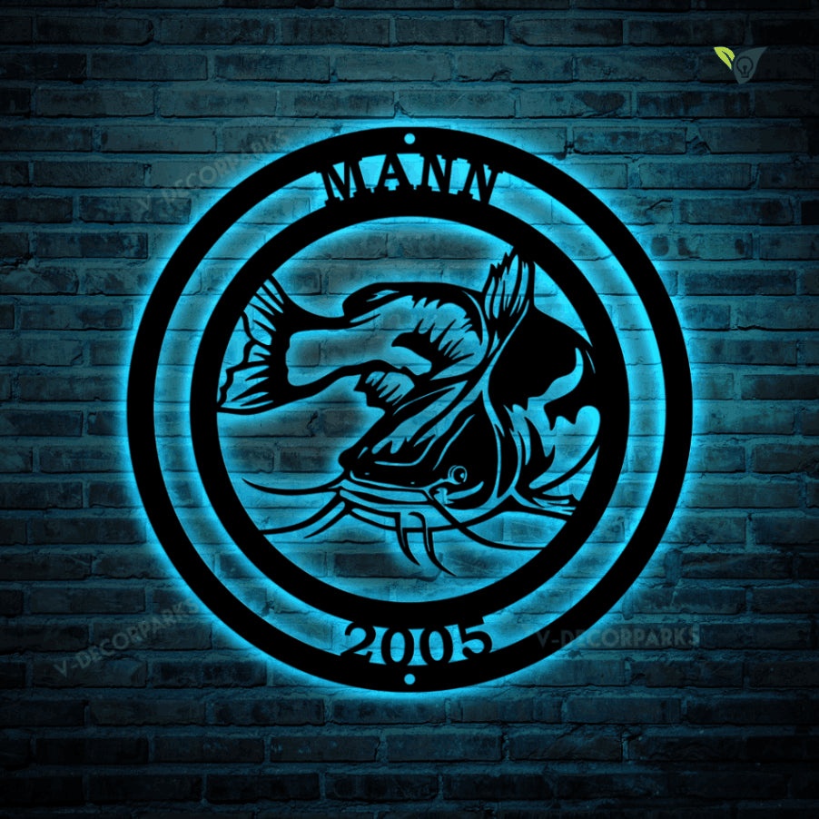 Metal Catfish Fishing Sign, Cut Metal Sign With Led Lights, Metal Wall ...