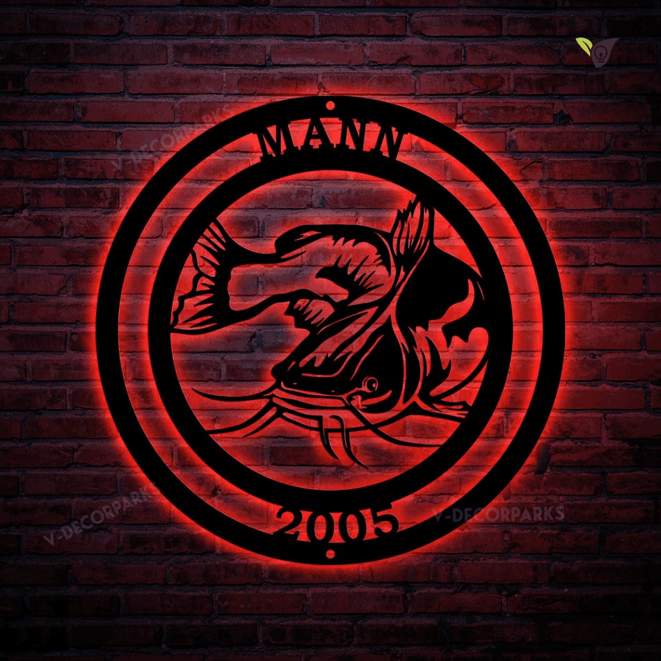 Metal Catfish Fishing Sign, Cut Metal Sign With Led Lights, Metal Wall ...