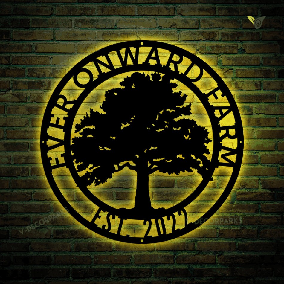 Oak Tree Monogram, Cut Metal Sign With Led Lights, Metal Wall Art ...