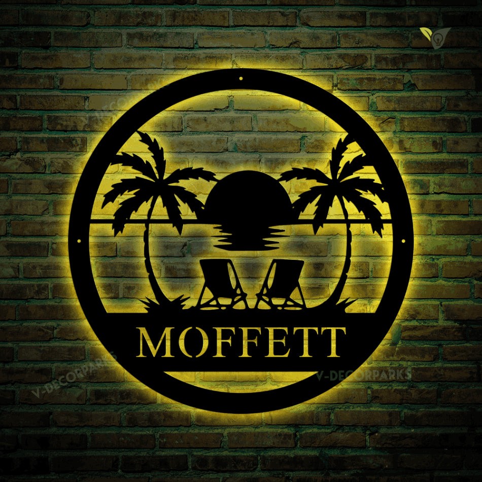 Monogram Sunset Tropical Beach Metal Sign With Led Lights, Personalized ...