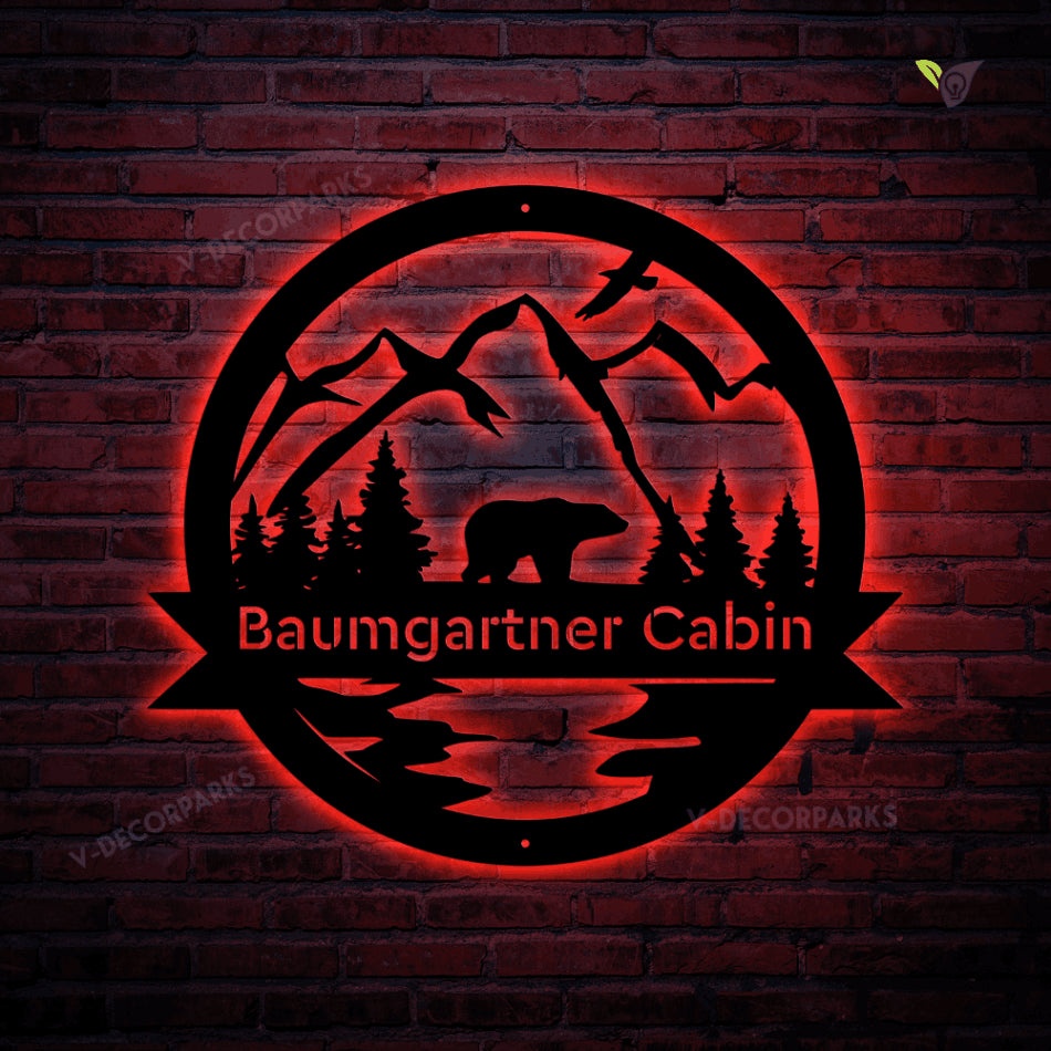 Personalized Bear Metal Sign With Led Lights, Bear In Woods Cabin Sign ...