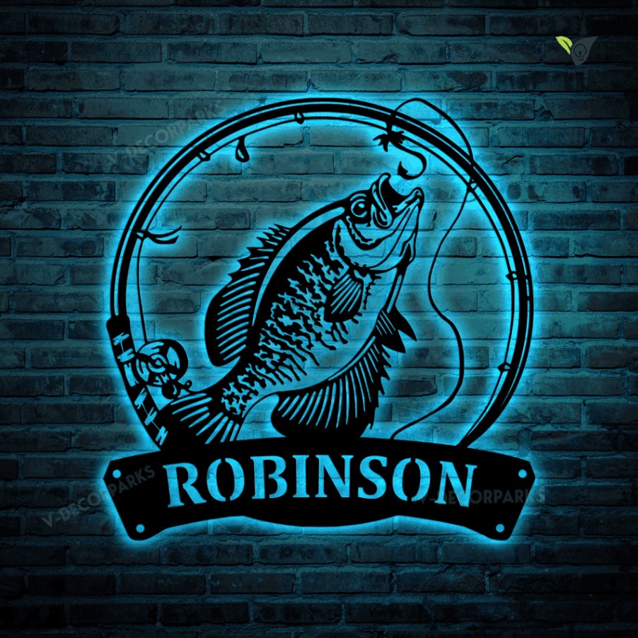 Personalized Black Crappie Fishing Fish Pole Metal Sign With Led Lights ...