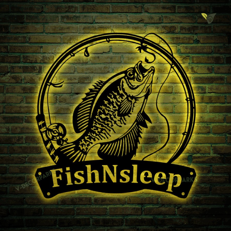 Personalized Black Crappie Fishing Fish Pole Metal Sign With Led Lights ...