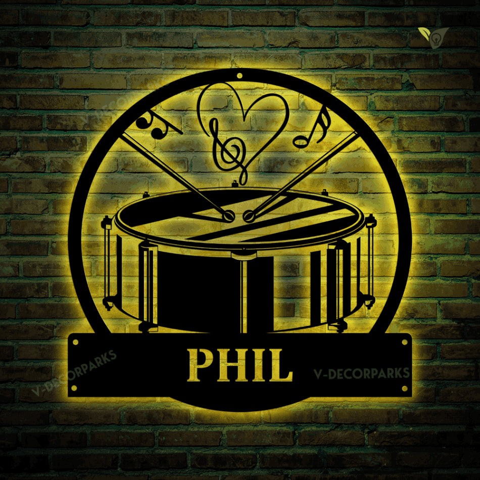 Personalized Snare Drum Monogram Metal Sign With Led Lights, Custom ...