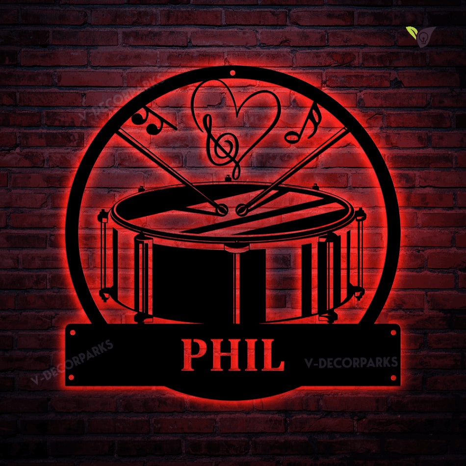 Personalized Snare Drum Monogram Metal Sign With Led Lights, Custom ...