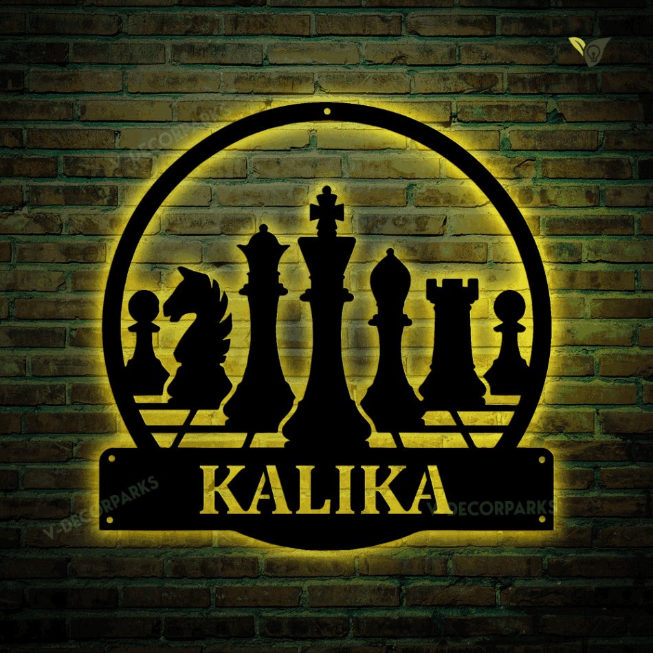Personalized Chess Monogram Metal Sign With Led Lights Art, Custom ...