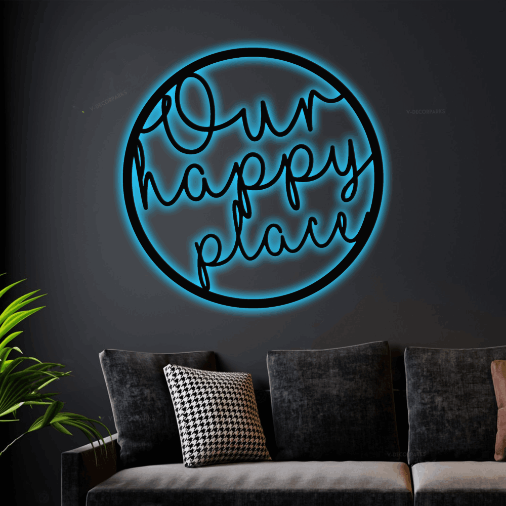 Our Happy Place Metal Wall Sign With Led Lights, Metal Wall Sign For ...