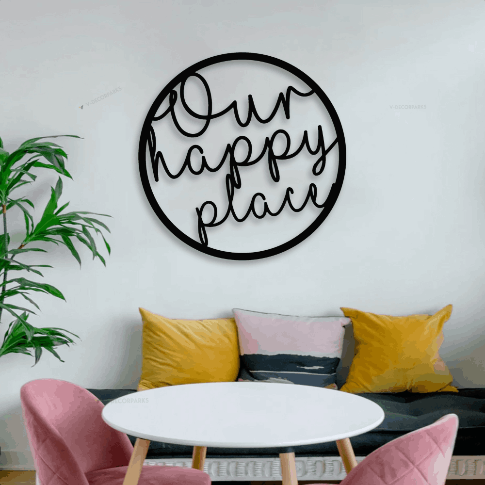 Our Happy Place Metal Wall Sign With Led Lights, Metal Wall Sign For ...