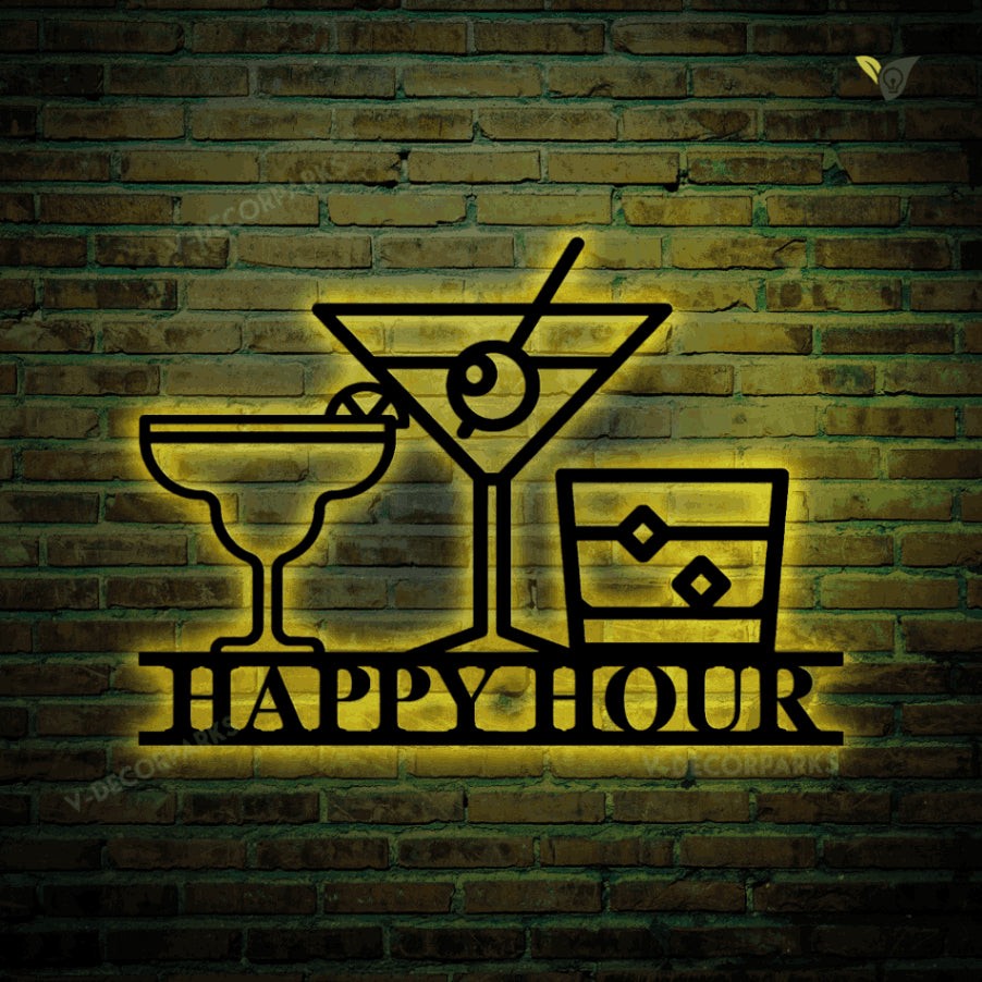 Personalized Bar Theme Metal Art With Led Lights, Custom Happy Hour ...