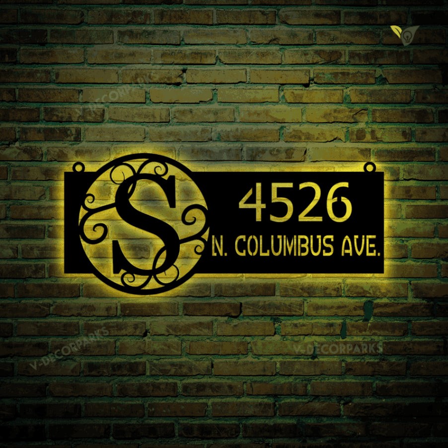 Hanging Address Monogram Metal Wall Art With Led Light, Address Plaque ...