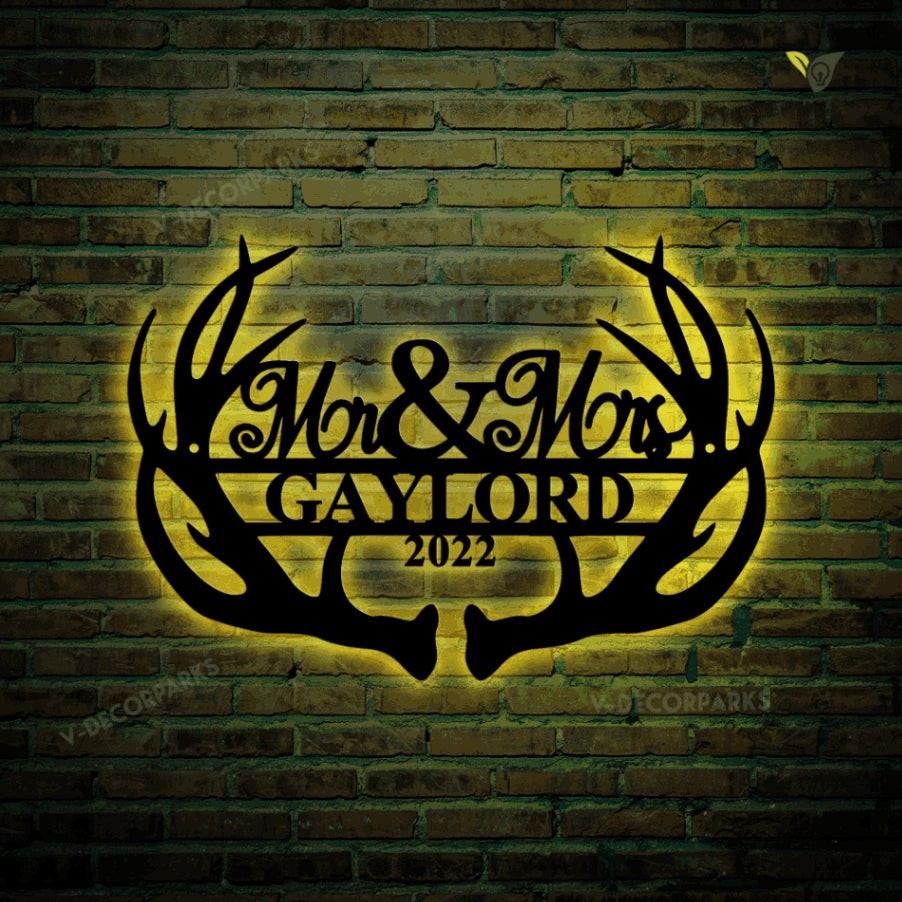 Custom Metal Sign With Led Lights, Antlers, Steel Art, Antler Monogram ...