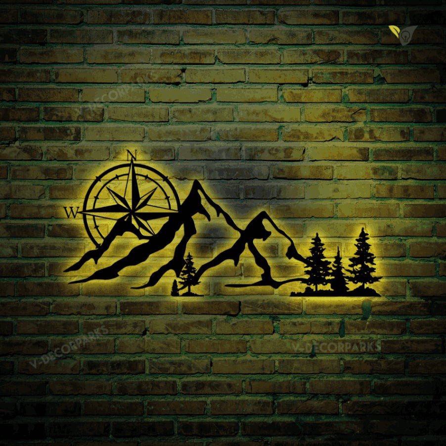 Nw Compass Rose Mountain Scene Metal Sign With Led Lights, Metal ...