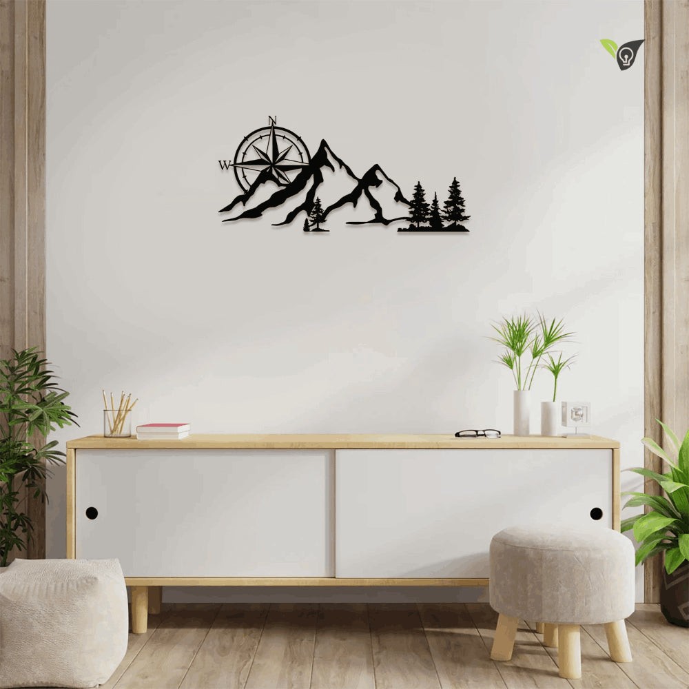 Nw Compass Rose Mountain Scene Metal Sign With Led Lights, Metal ...