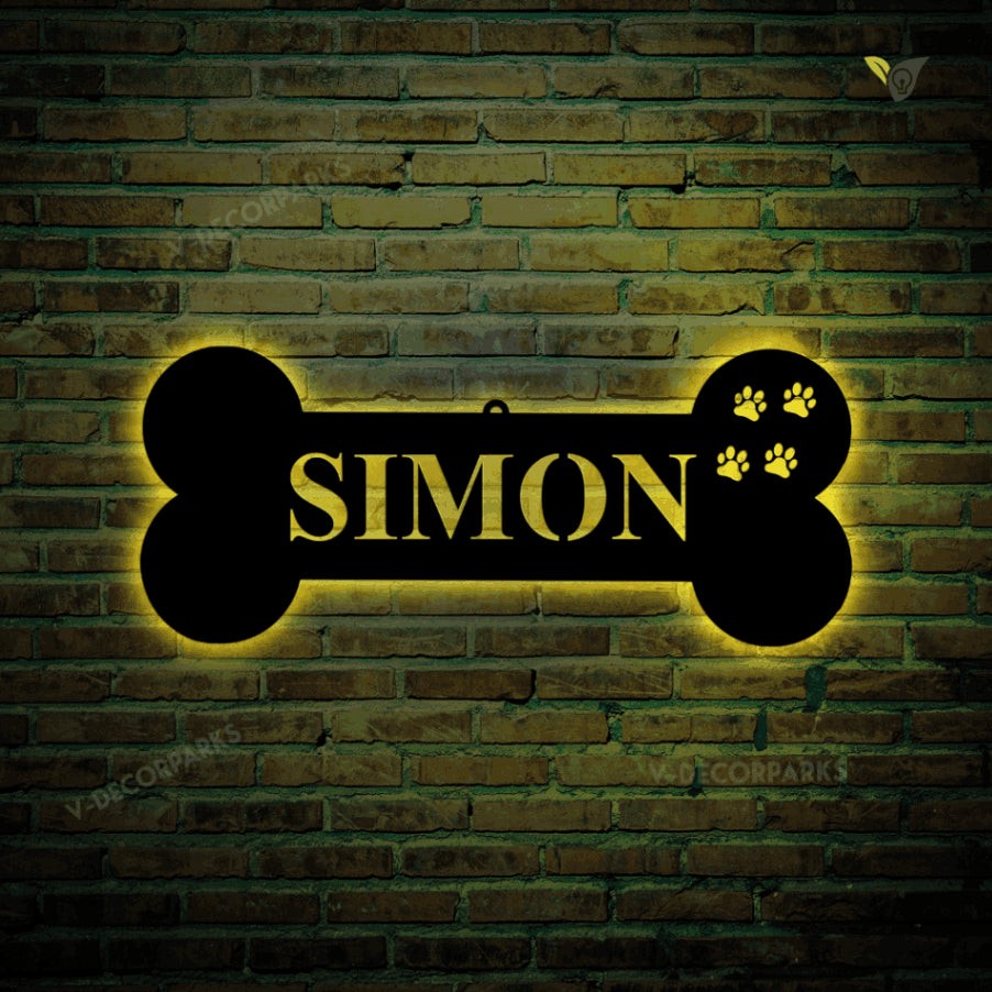 Custom Dog Name Metal Sign With Led Lights, Personalized Dog Bone ...