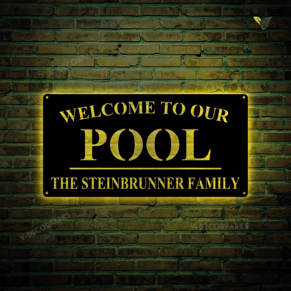 Welcome To Our Pool Metal Art With Led Lights, Personalized Pool Name ...