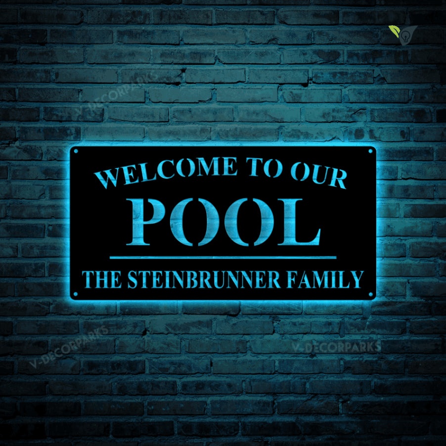 Welcome To Our Pool Metal Art With Led Lights, Personalized Pool Name ...