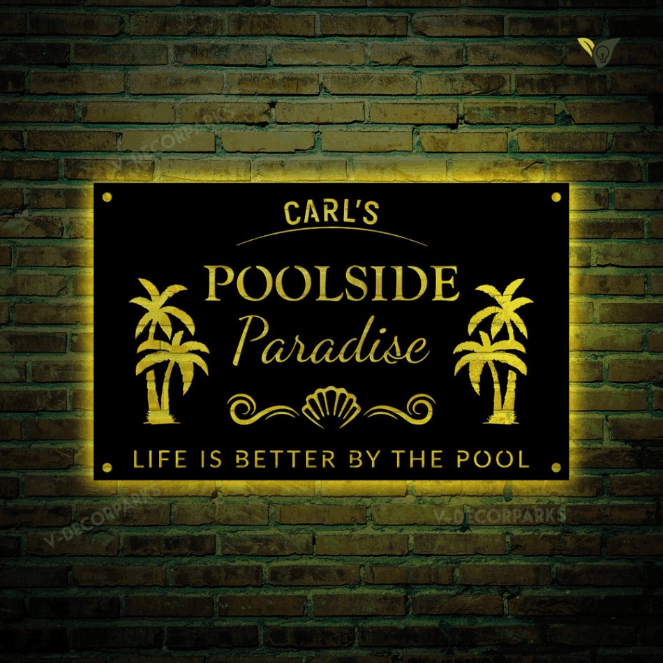 Poolside Paradise With Palms Metal Art With Led Lights, Swimming Pool ...