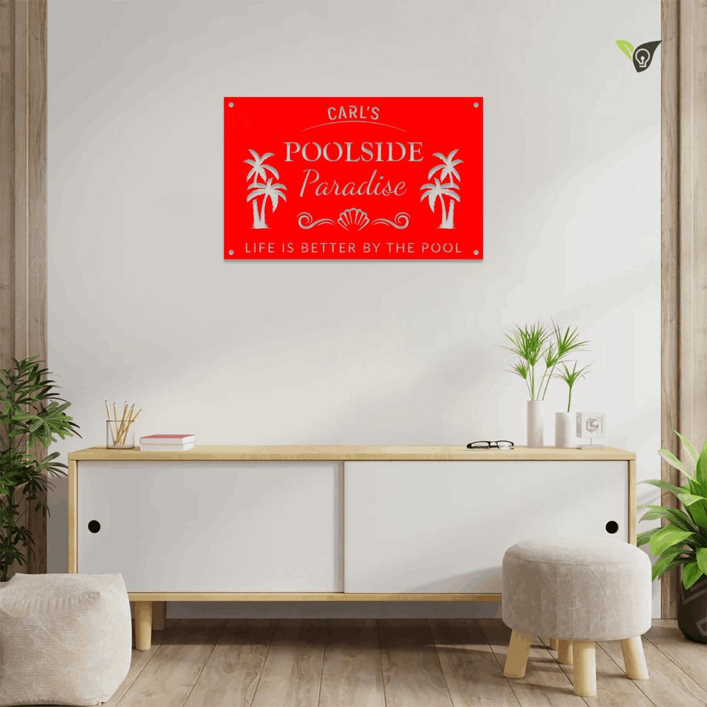 Poolside Paradise With Palms Metal Art With Led Lights, Swimming Pool ...