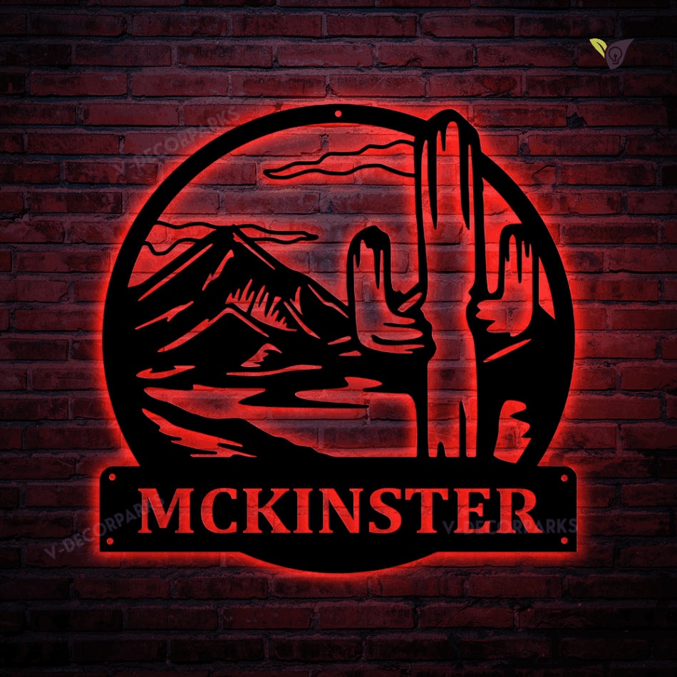 Custom Cactus Moutain Metal Wall Art With Led Light, Personalized ...
