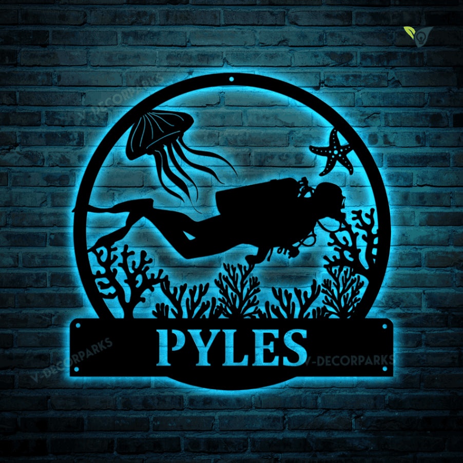 Personalized Scuba Diving Sport Monogram Metal Sign With Led Lights Art ...