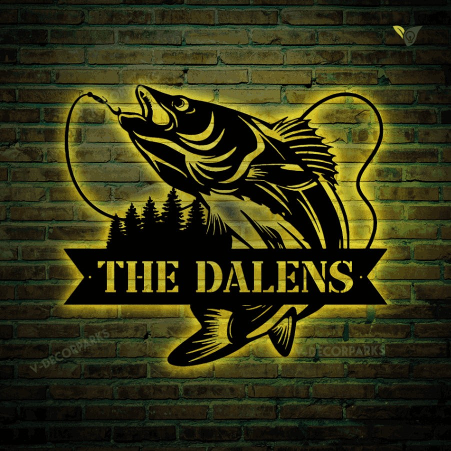 Personalized Family Name Walleye Fish Fishing Metal Sign With Led ...