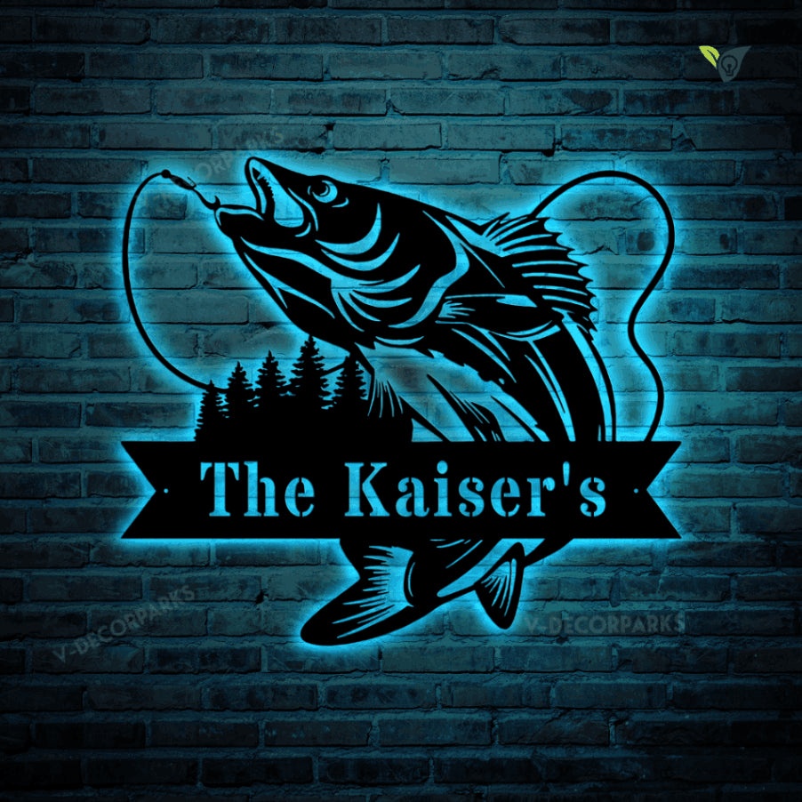 Personalized Family Name Walleye Fish Fishing Metal Sign With Led ...