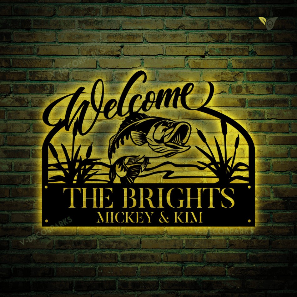 Bass Fish Personalized Metal Welcome Sign With Led Light, Custom Family ...