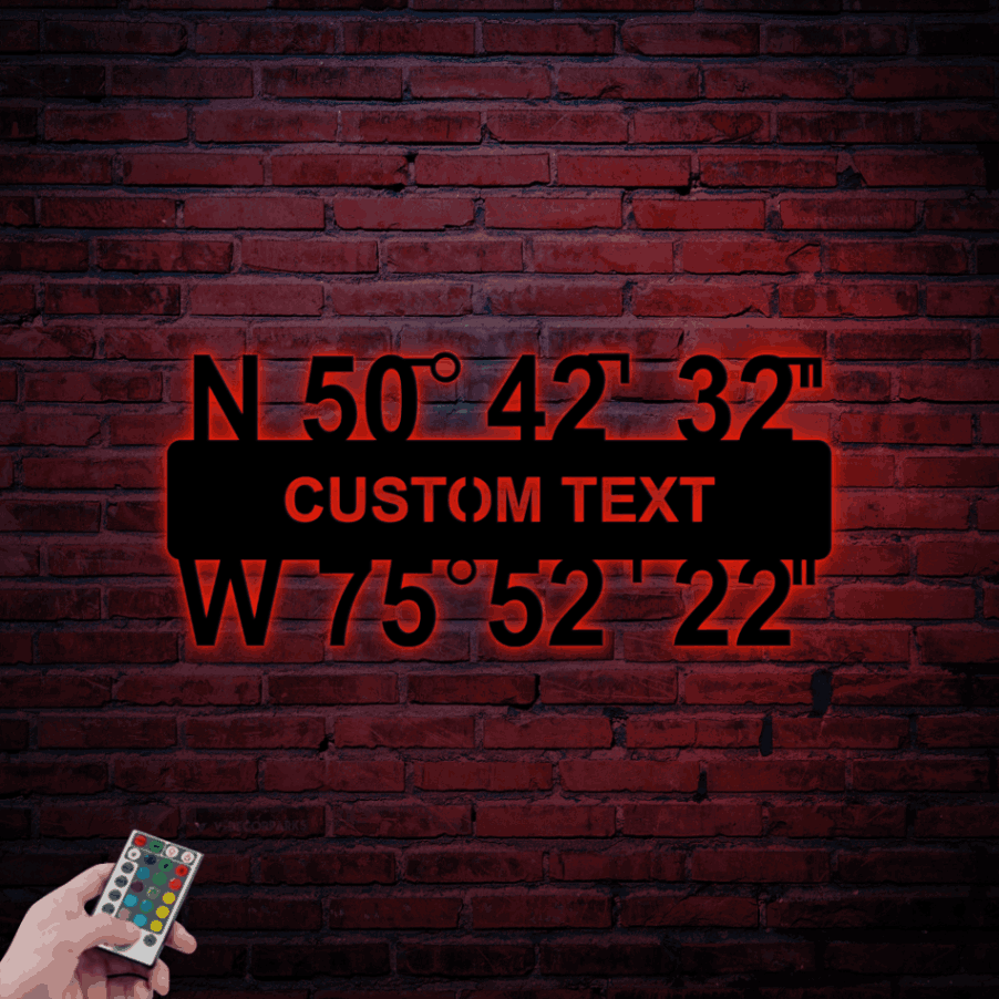 Gps Coordinates Sign With Led Lights, Metal Wall Art, Latitude ...