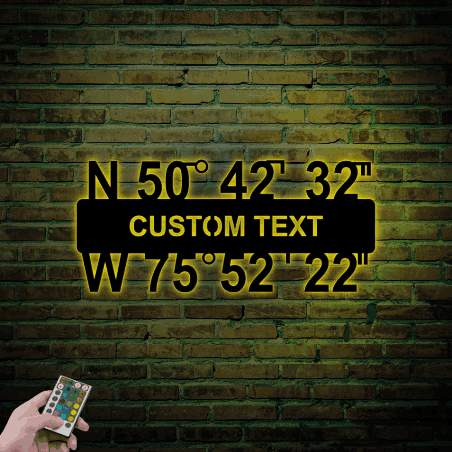 Gps Coordinates Sign With Led Lights, Metal Wall Art, Latitude ...