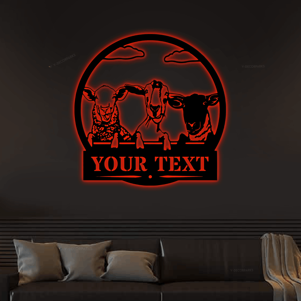 Goat Sheep Custom On A Fence - Metal Goats Sign With Led Lights, Farm ...