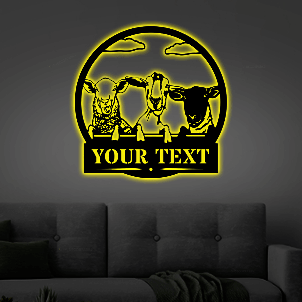 Goat Sheep Custom On A Fence - Metal Goats Sign With Led Lights, Farm ...