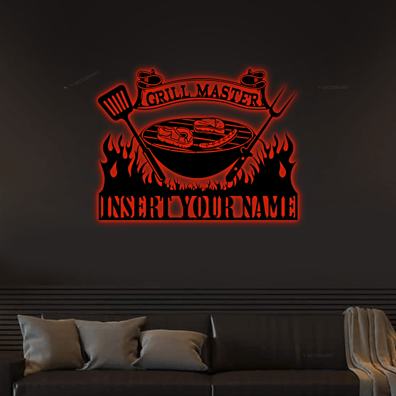 Grill Personalized Name Metal Sign With Led Lights, Custom Grillmaster ...