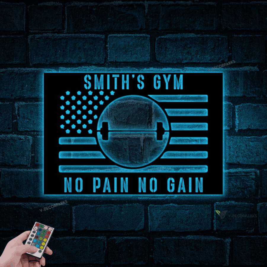 Gym Sign, Metal American Flag Gym Sign Led Lights, Custom Home Gym Sign ...