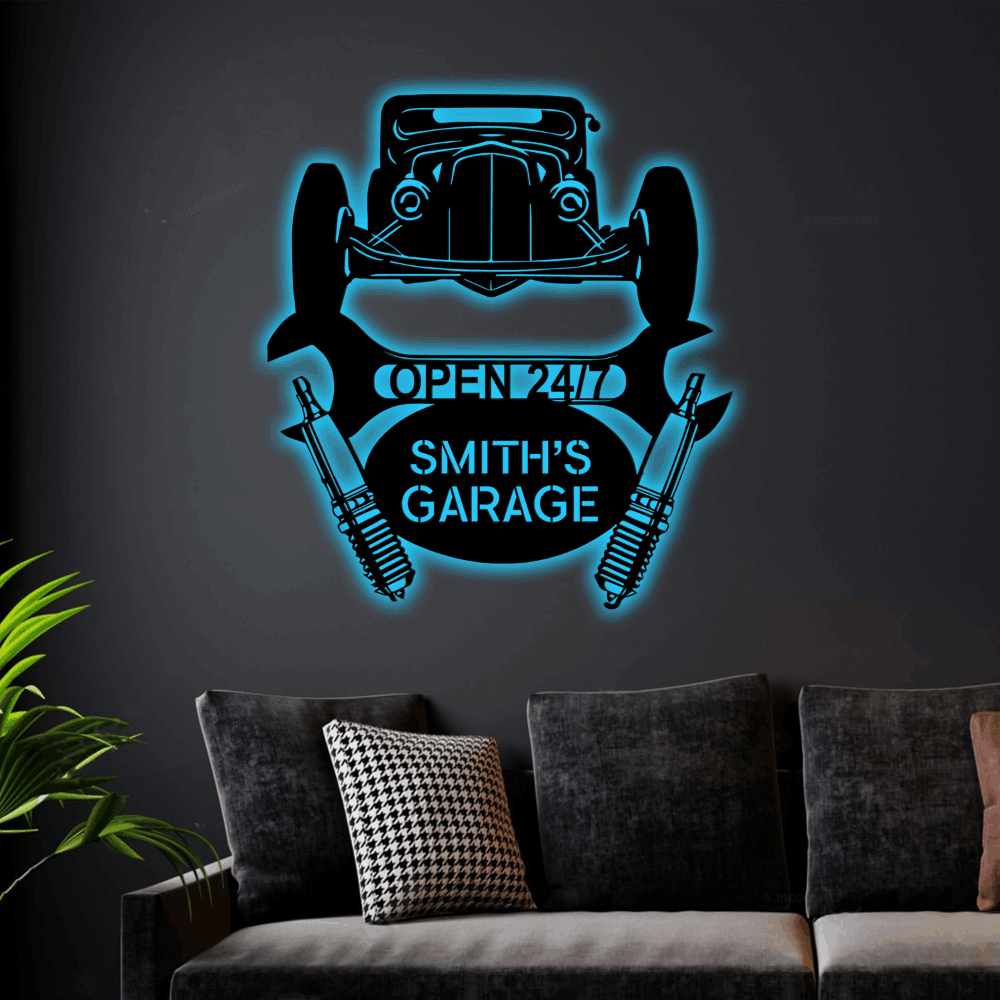 Hot Rod Workshop Monogram Metal Led Lights Steel Sign, Gift For Dad ...