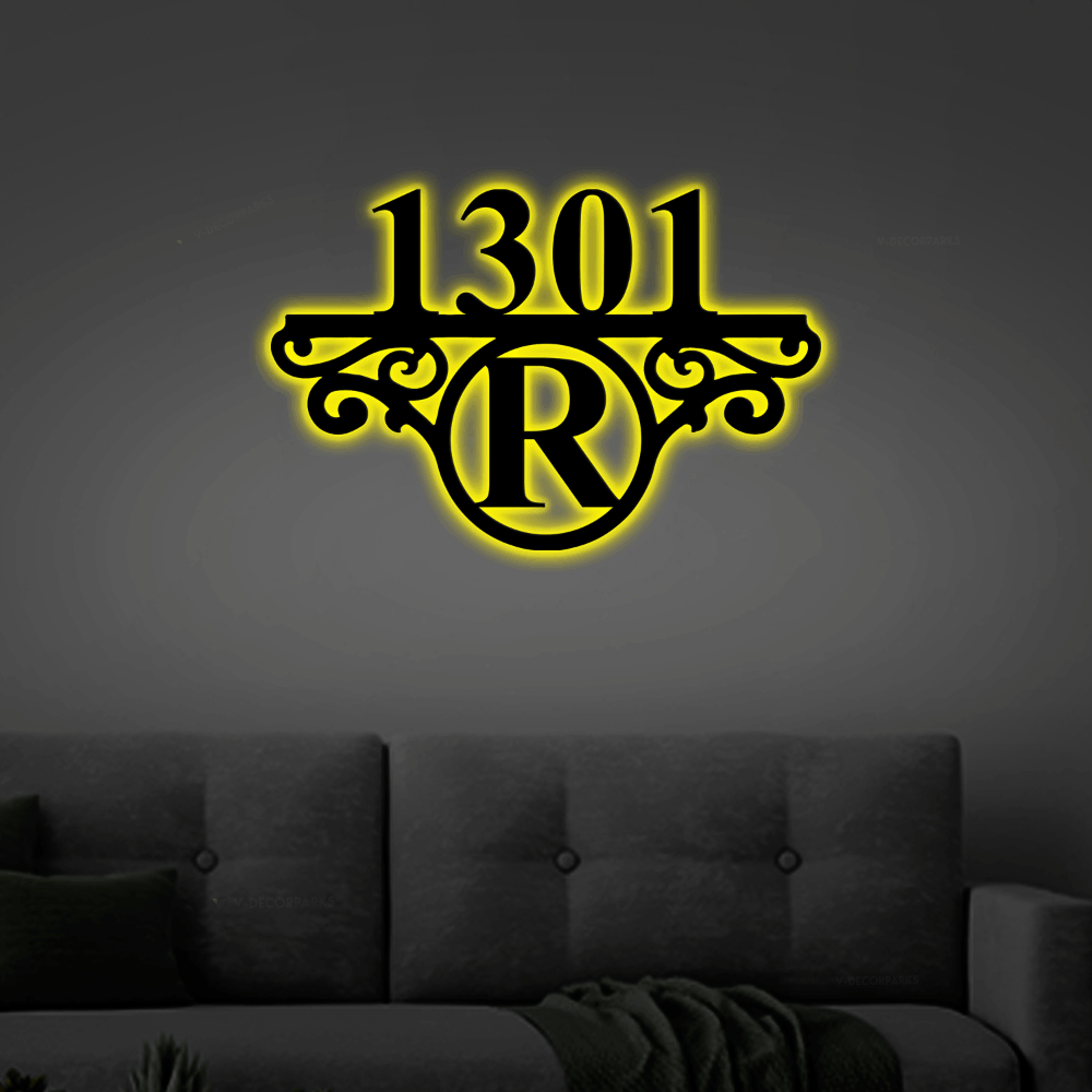 House Number With Led Lights Sign Monogram Wall Art Initial Monogram ...