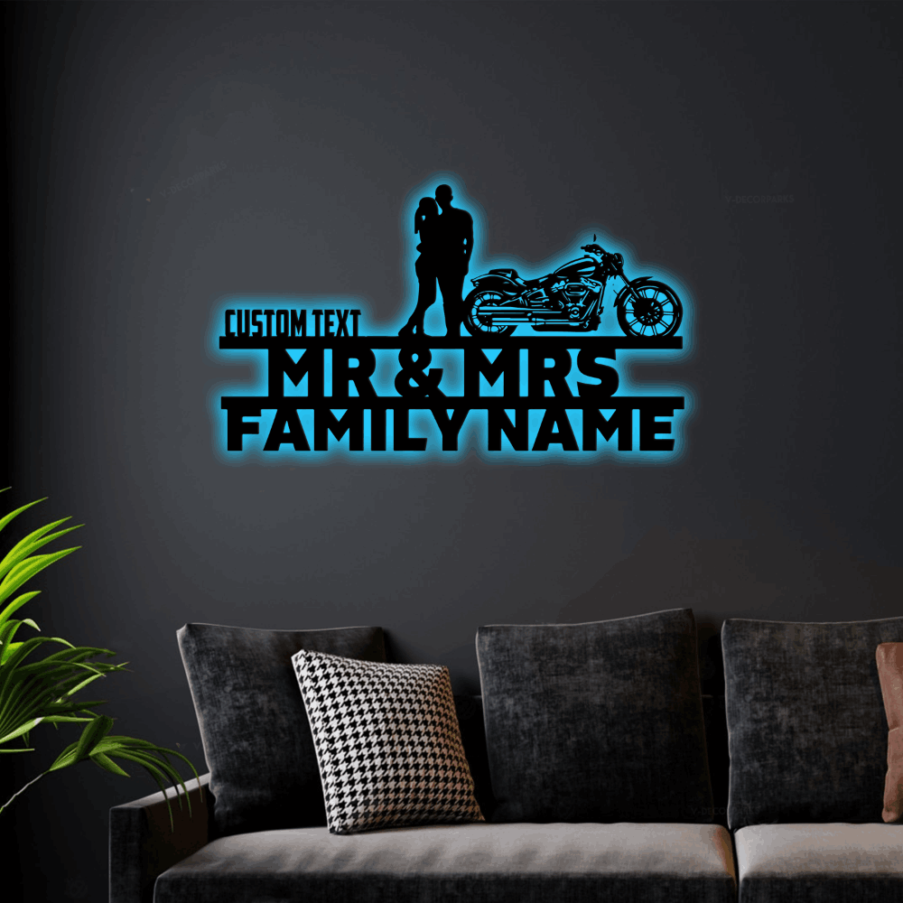 Custom Biker Couple Metal Sign With Led Lights Sign Established Biker ...