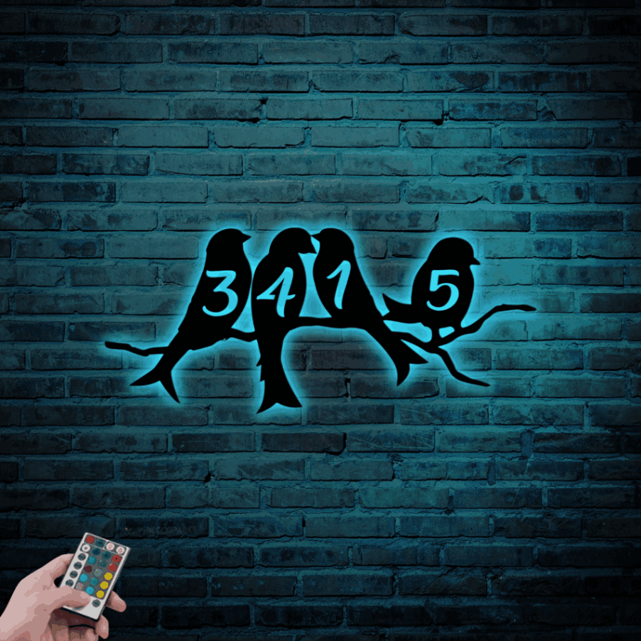 House Numbers Birds On A Limb Led Lights, Branch Address Metal Sign, 4 ...