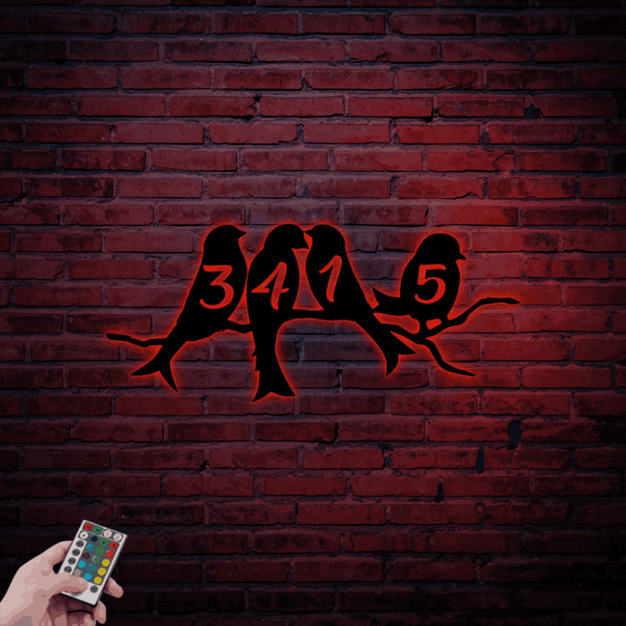 House Numbers Birds On A Limb Led Lights, Branch Address Metal Sign, 4 ...