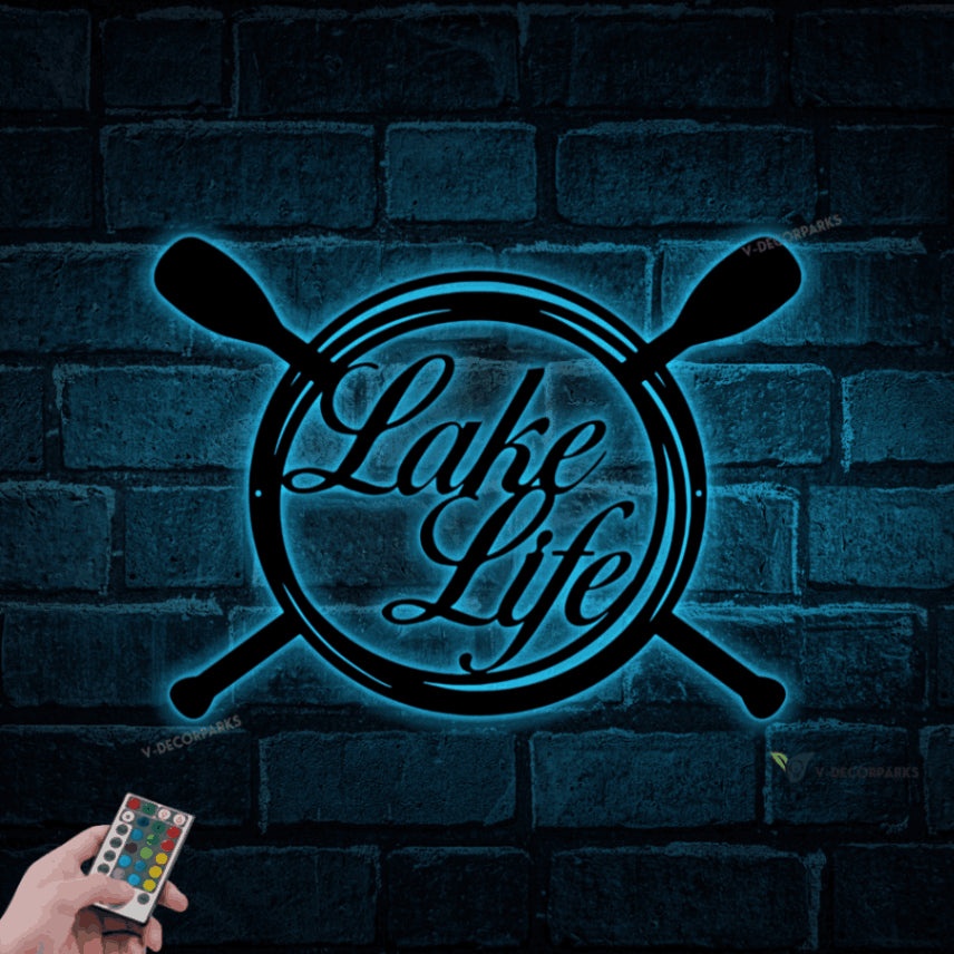Lake Life Sign With Crossed Paddles Metal Wall With Led Lights, Lake ...